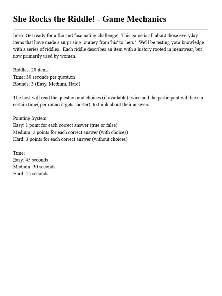 She Rocks The Riddle! - Game Mechanics | PDF