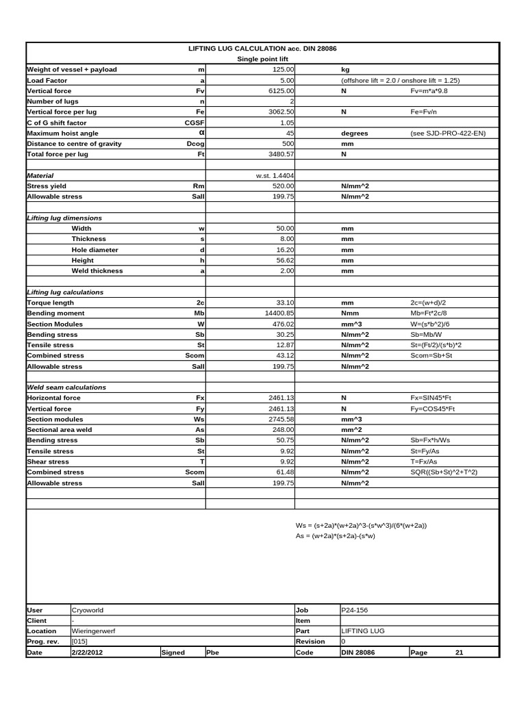 Lifting Lug Design per DIN 28086 | PDF | Bending | Stress (Mechanics)