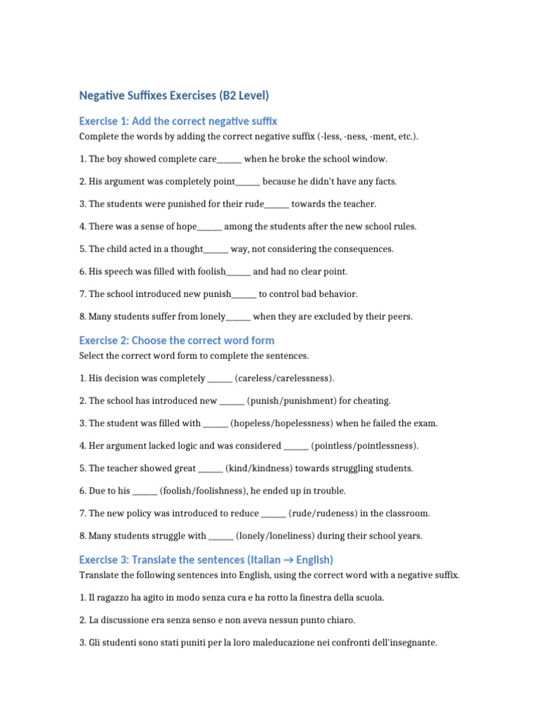Negative Suffixes Exercises B2 | PDF