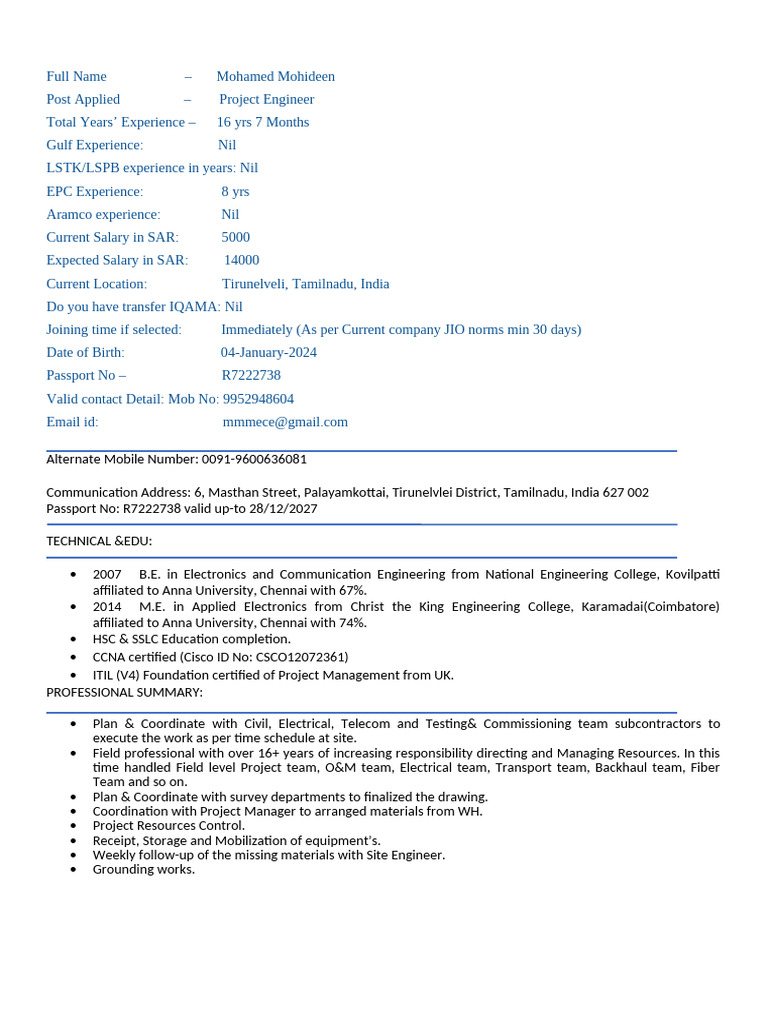 Mohamed Mohideen CV - Project Engineer - 16 Yrs Exp - B.E (ECE), M.E | PDF | Telecommunications ...