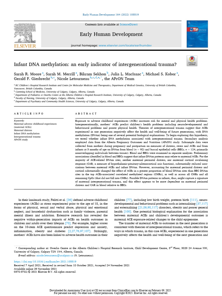 Infant DNA Methylation An Early Indicator of Intergenerational Trauma ...