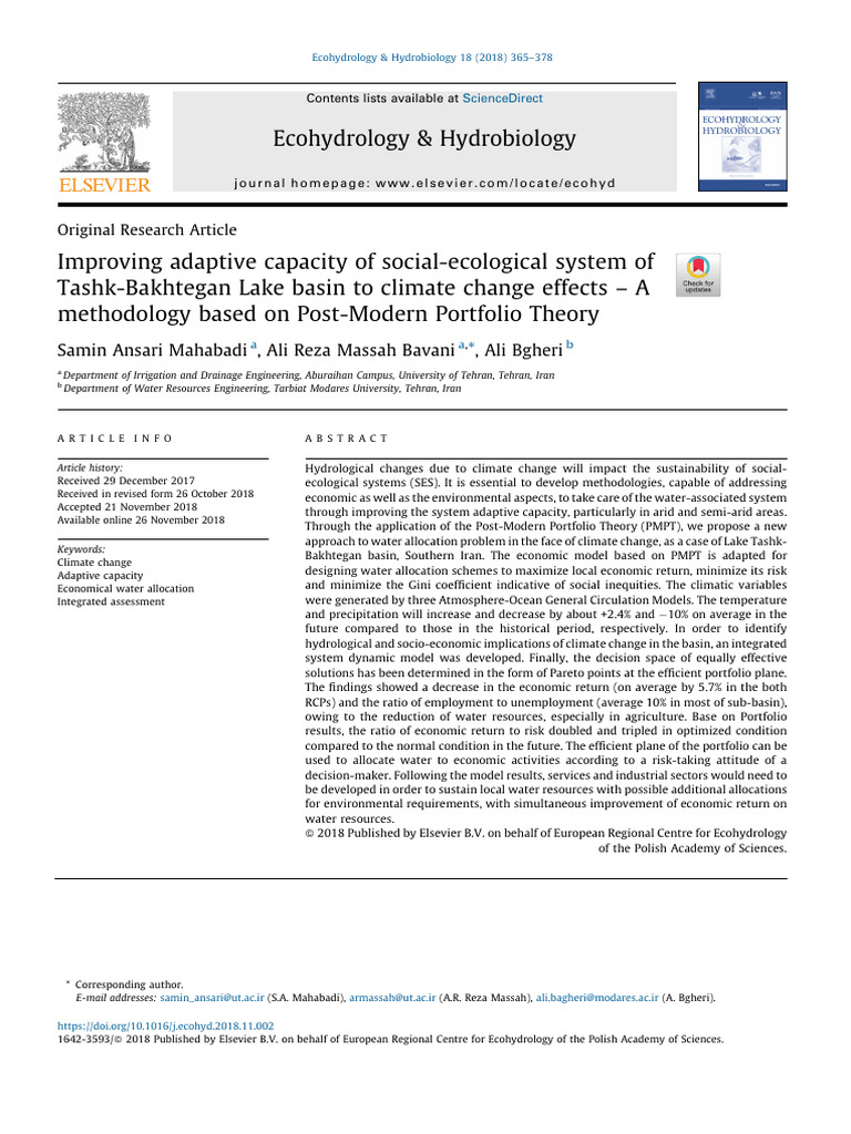 Improving adaptive capacity of social-ecological system of Tashk-Bakhtegan Lake basin to climate ...