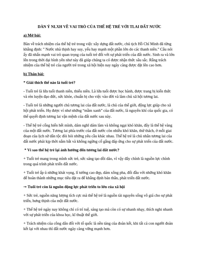 DÀN Ý NLXH VỀ VAI TRÒ CỦA THẾ HỆ TRẺ VỚI TLAI ĐẤT NƯỚC | PDF