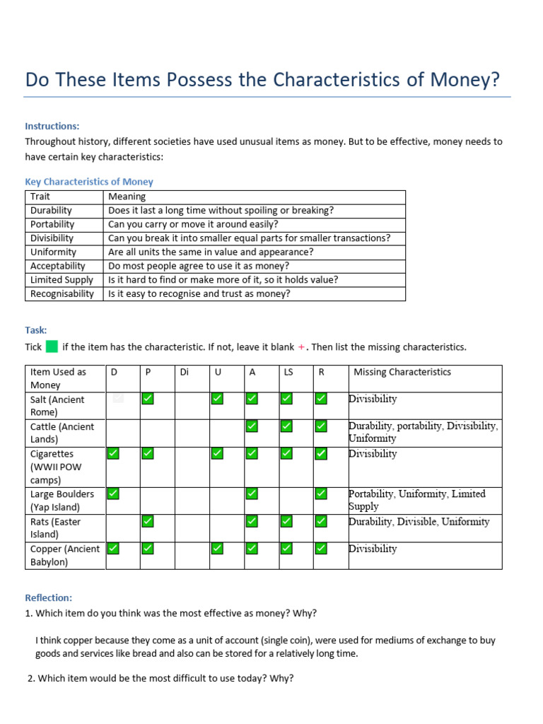 Money Characteristics Worksheet | PDF