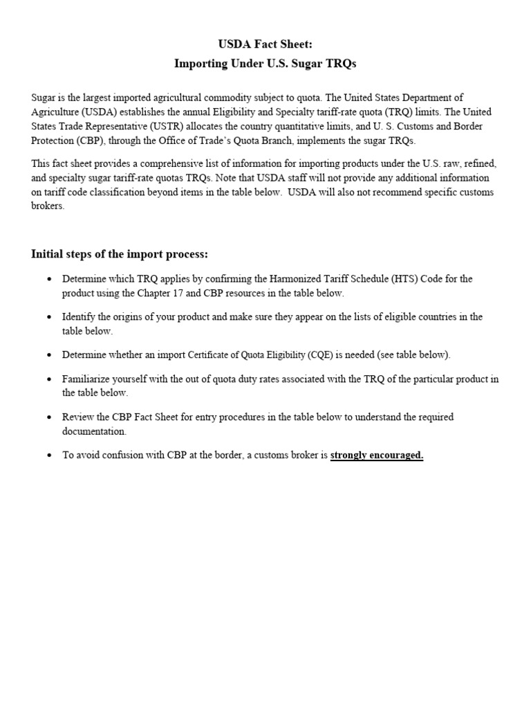 USDA Sugar Import Program Fact Sheet | PDF | Customs | Commercial Policy
