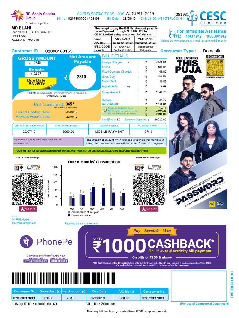 LT Bill 02000180163 201908 | PDF | Cheque | Payments
