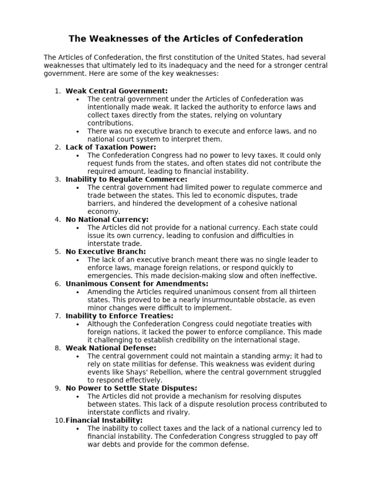 The Weaknesses of the Articles of Confederation | PDF | Government ...