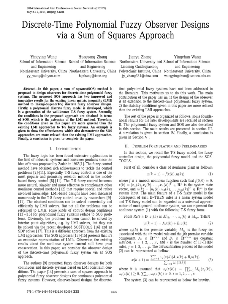Discrete-Time Polynomial Fuzzy Observer Designs Via A Sum of Squares Approach | PDF | Applied ...