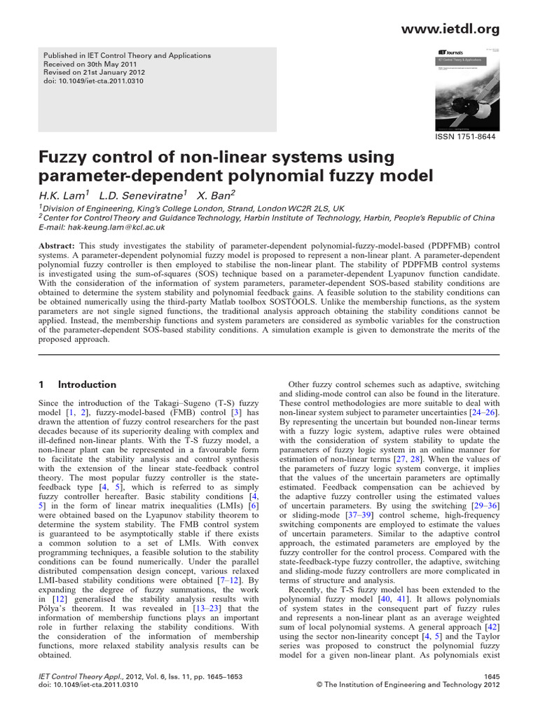 Fuzzy Control of Non-Linear Systems Using Parameter-Dependent Polynomial Fuzzy Model | PDF ...