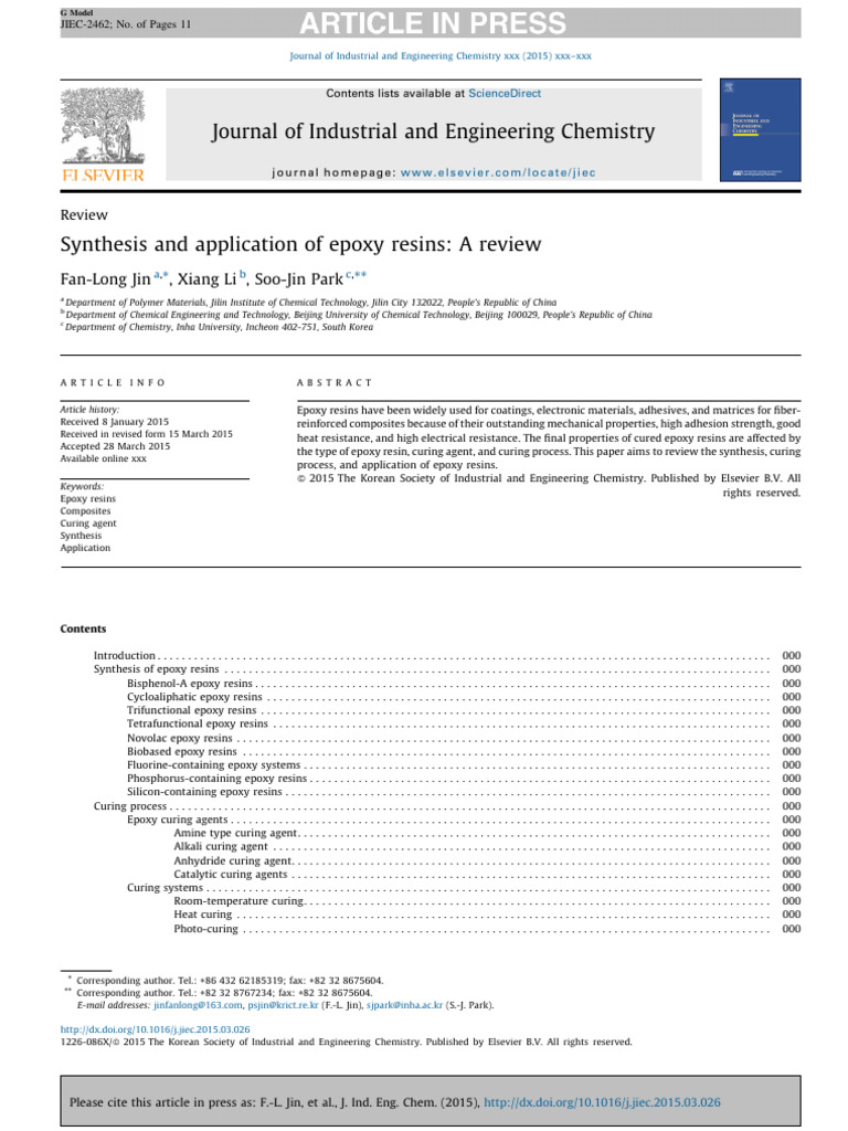 Epoxy Resin - J. Ind. Eng. Chem. 2015, 29, 1 | PDF | Epoxy | Materials ...