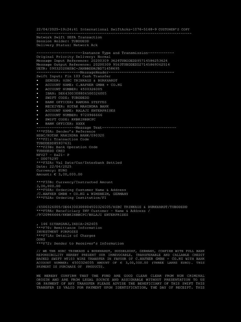 MT103_Balaji Enterprises_Kotak_Hsbc | PDF