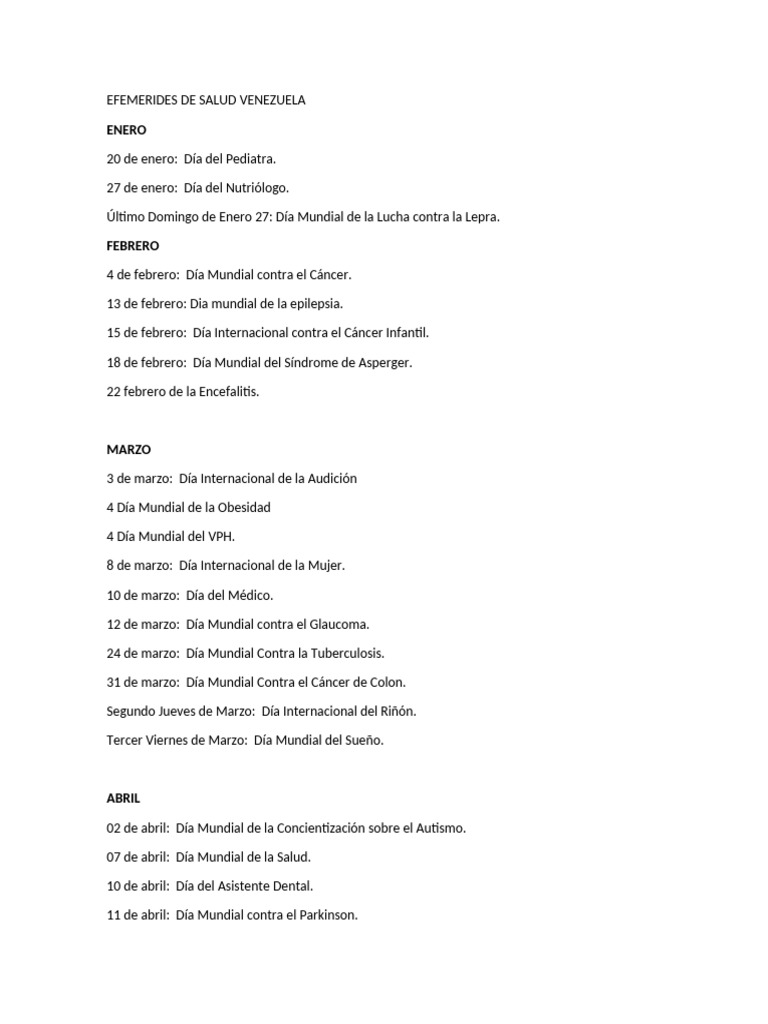 Efemerides de Salud Venezuela (Infomed) | PDF | Especialidades Medicas | Enfermedades y trastornos
