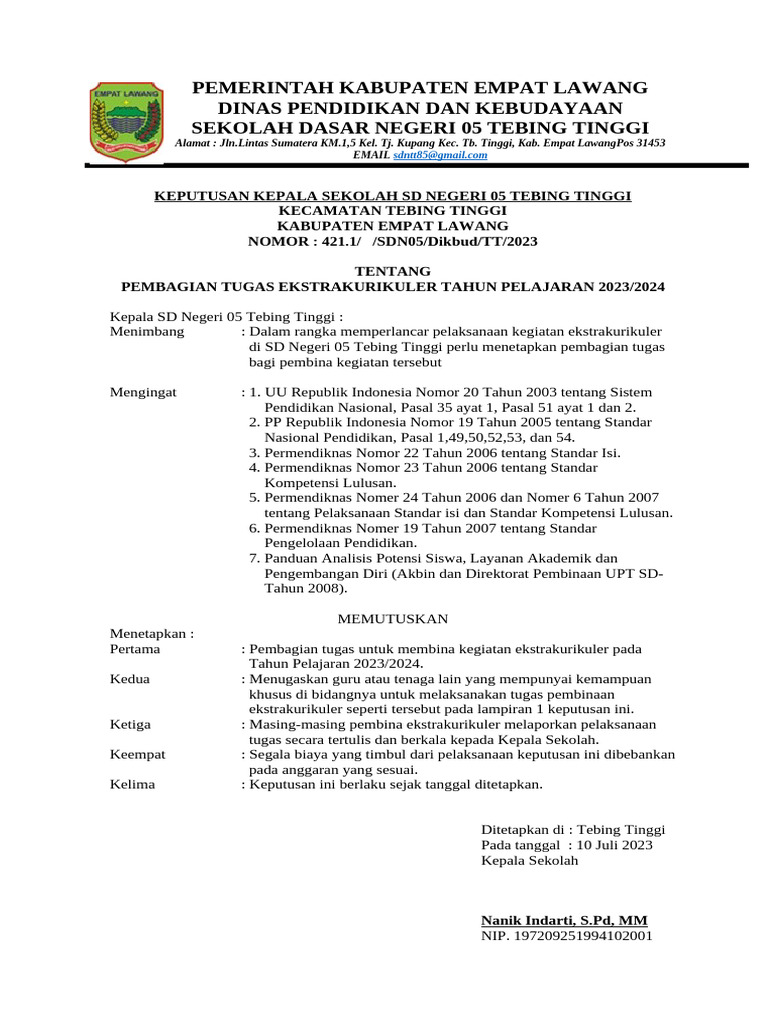 Pembagian Tugas Ekstrakurikuler SD 05 | PDF