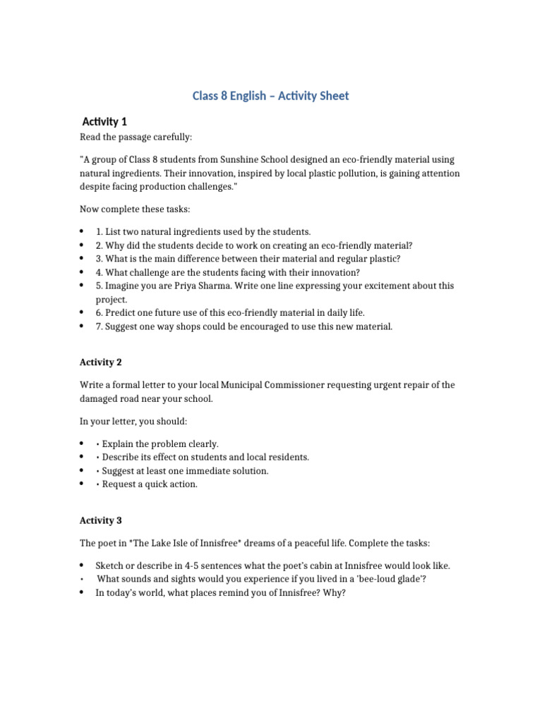 Smart Activity Sheet Class8 English | PDF