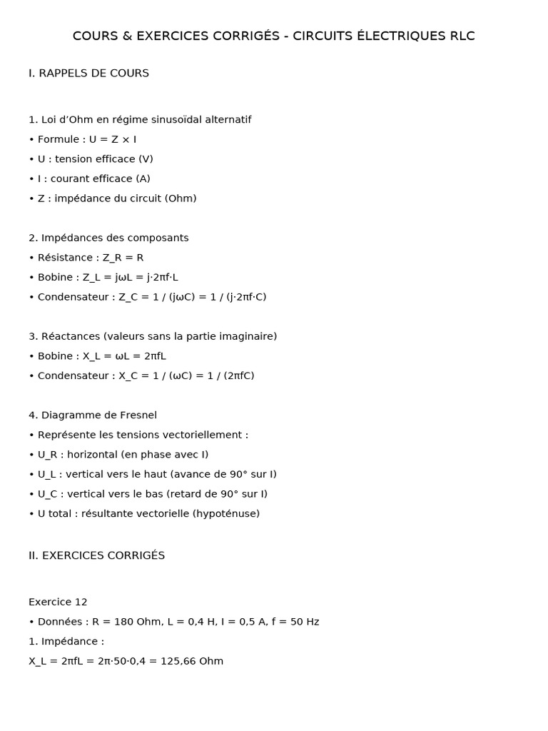 Cours et Exercices Corrigés RLC | PDF | Impédance (électricité ...