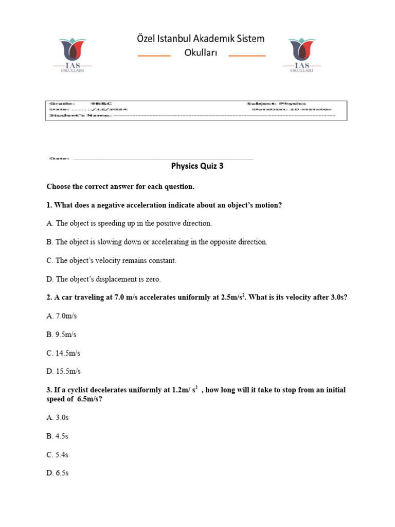 Physics Grade 9 Quiz 3 | PDF