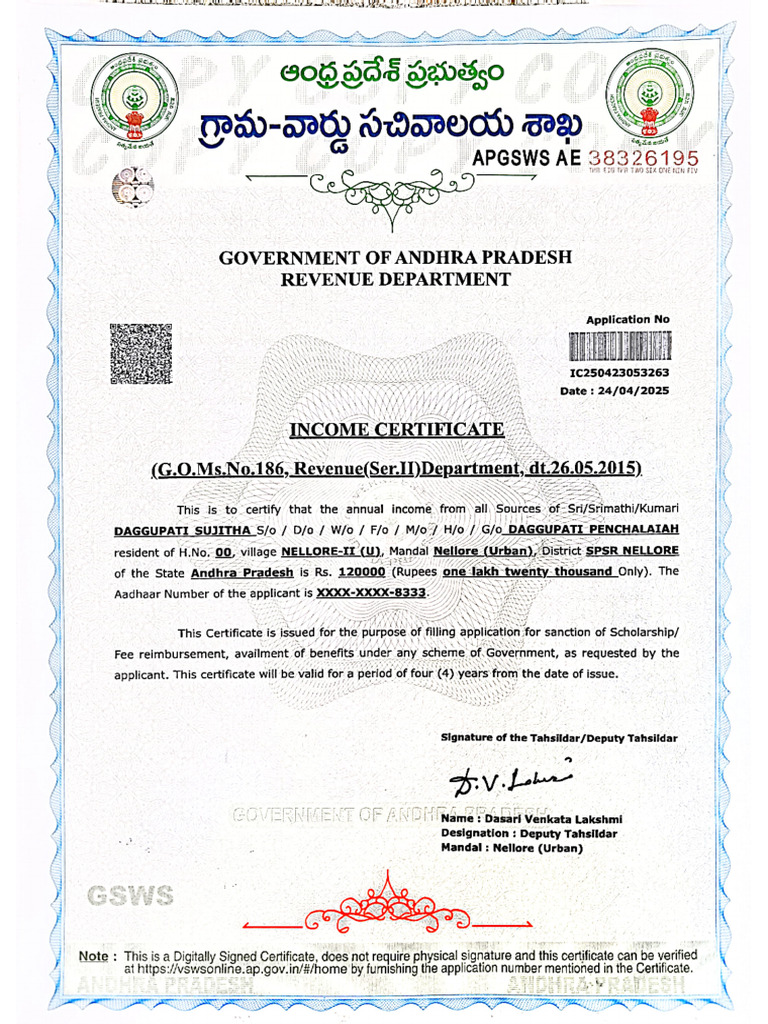 Income Certificate Sujitha | PDF