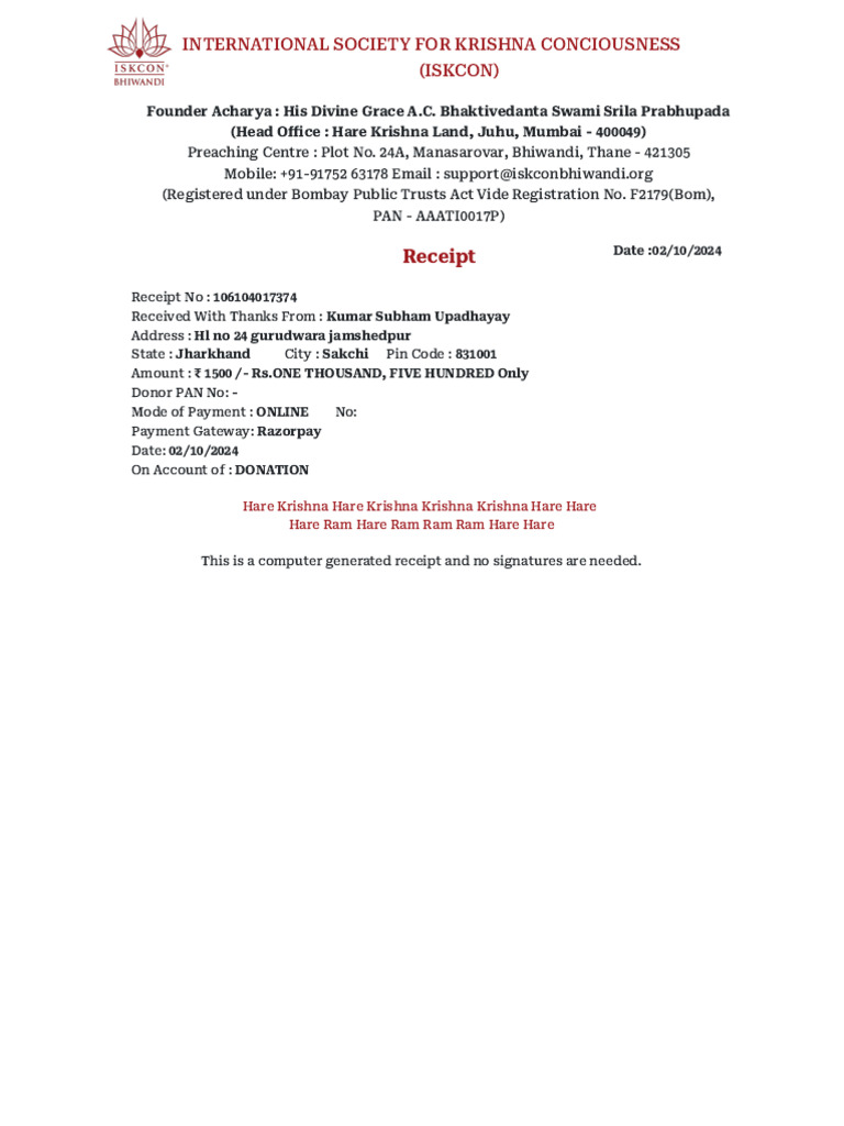 ISKCON Bhiwandi Donation Receipt | PDF
