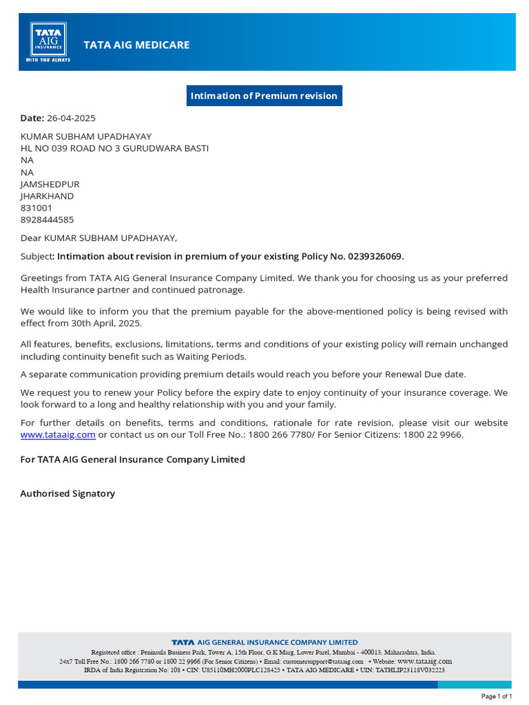 Tata Aig Medicare: Intimation of Premium Revision | PDF