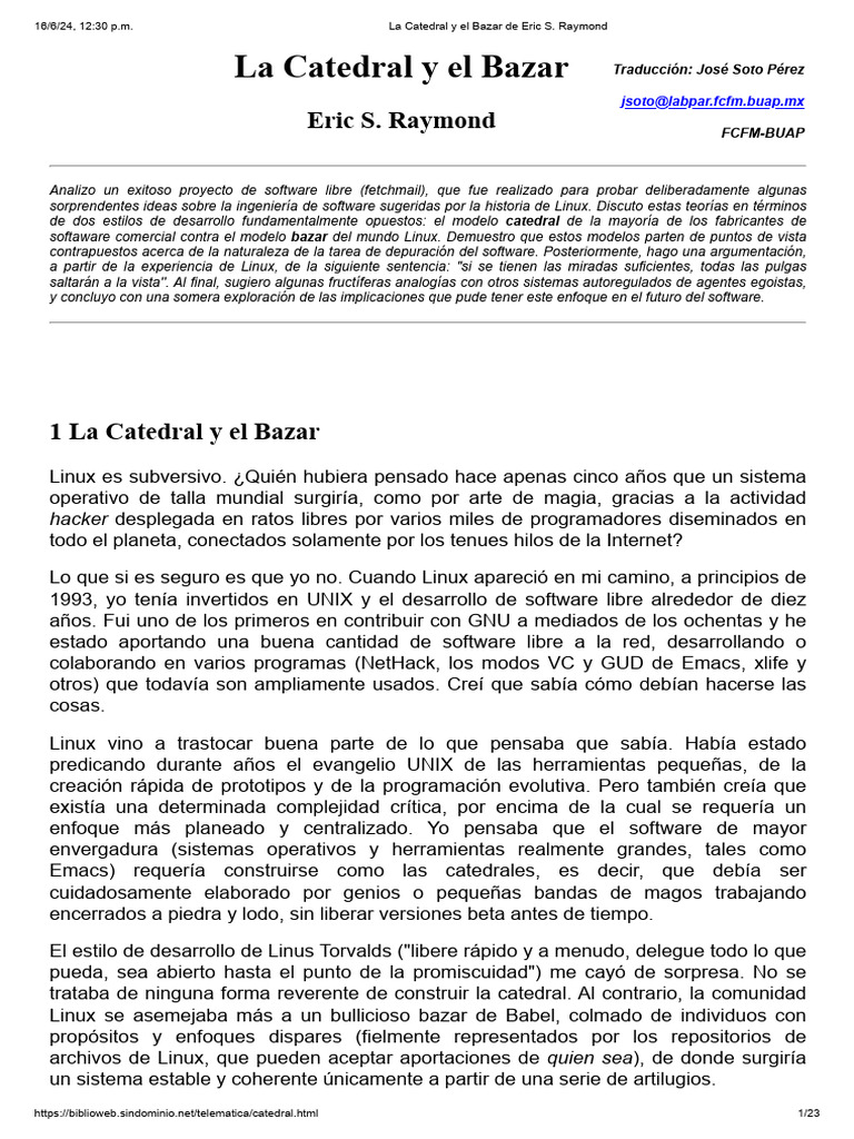 La Catedral y El Bazar de Eric S. Raymond | PDF | Informática | Ingeniería de software