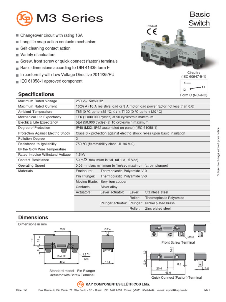 M3 Series Basic Switch Specifications | PDF | Electrical Connector | Switch