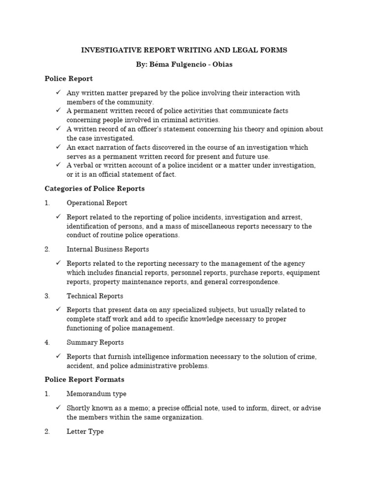 Investigative Report Writing and Legal Forms | PDF | Crime Scene | Police
