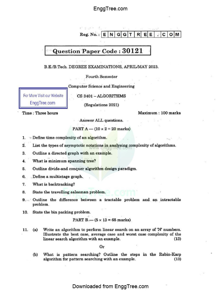 CS3401 Algorithms Apr May 2023 Question Paper Download | PDF