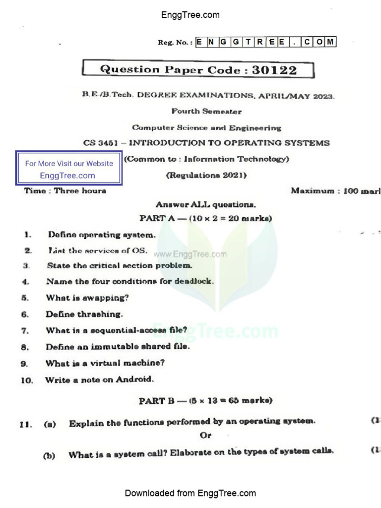 CS3451 Introduction to Operating Systems Apr May 2023 Question Paper Download | PDF