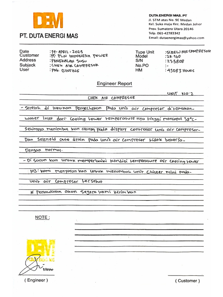 Engineer Report Pengecekan Unit 1-2 | PDF