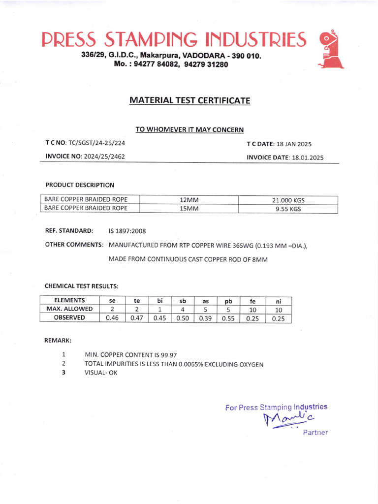 Material Test Certificate 18 Jan 2025 Psi001 | PDF