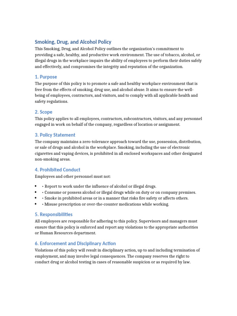 Smoking Drug Alcohol Policy Draft | PDF | Substance Abuse | Drugs