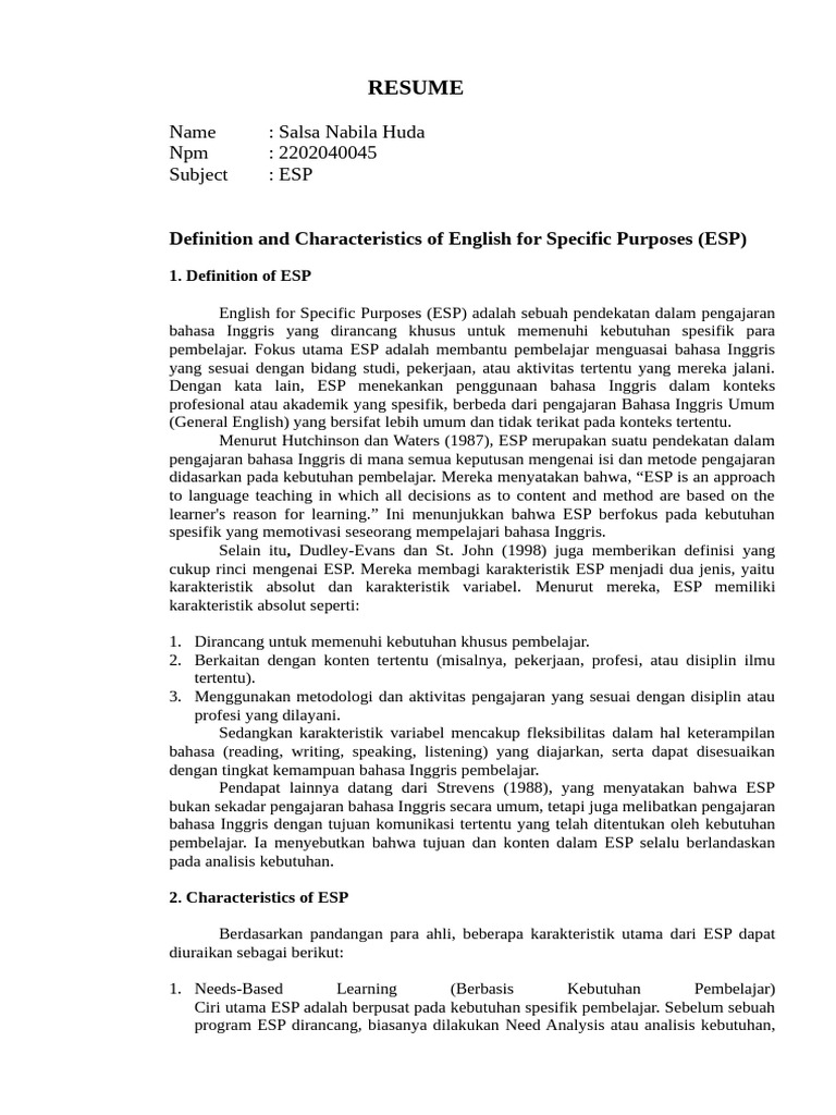 Resume Esp Salsa Nabila Huda | PDF