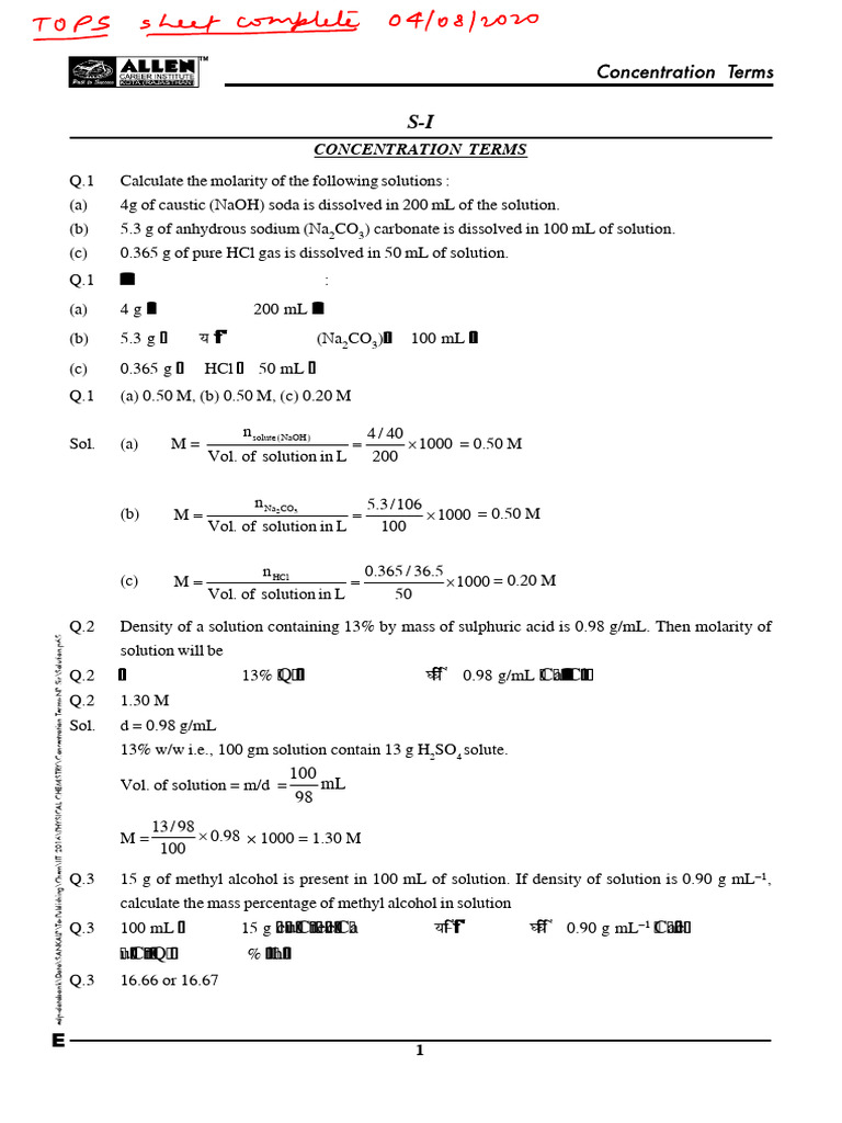 (COMPLETE SOLUTION) Concentration Terms | PDF | Mass Concentration ...