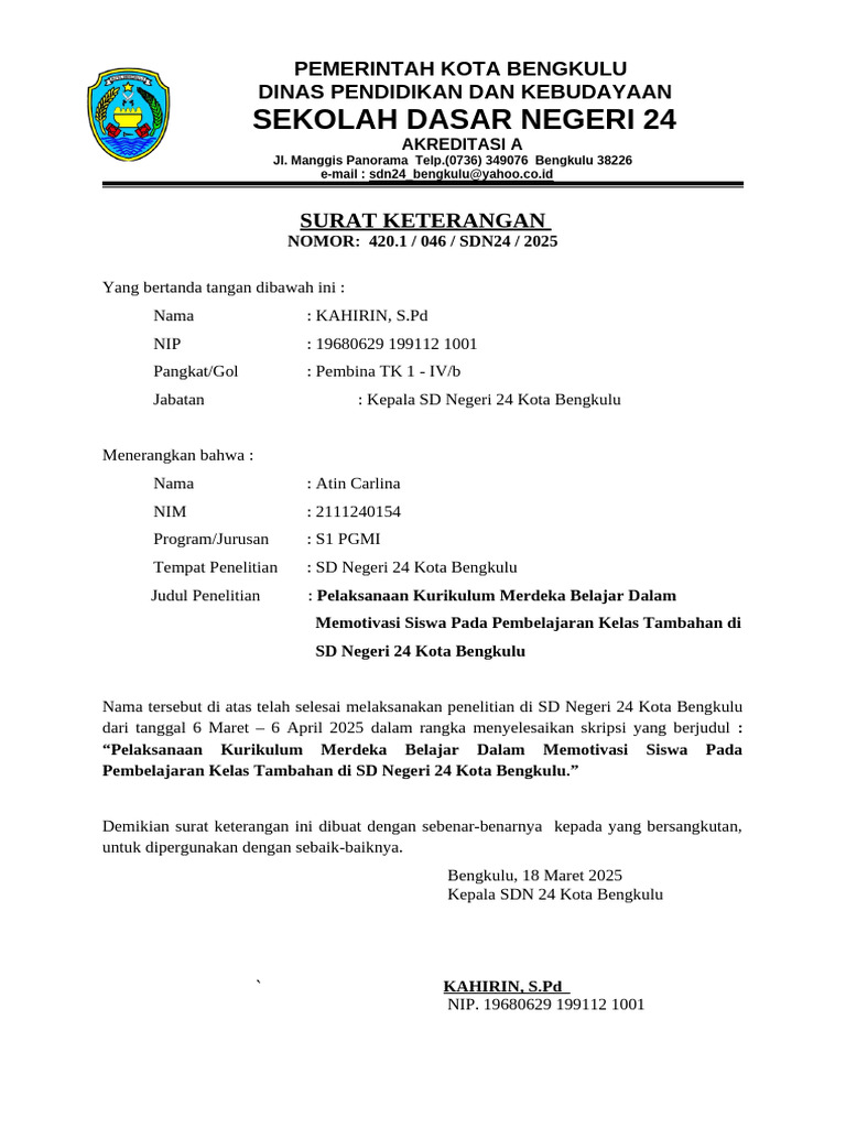 SURAT SELESAI PENELITIAN Atin | PDF