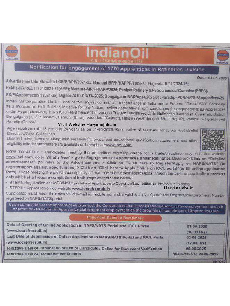 IOCL Apprentice Recruitment 2025 Short Notice | PDF