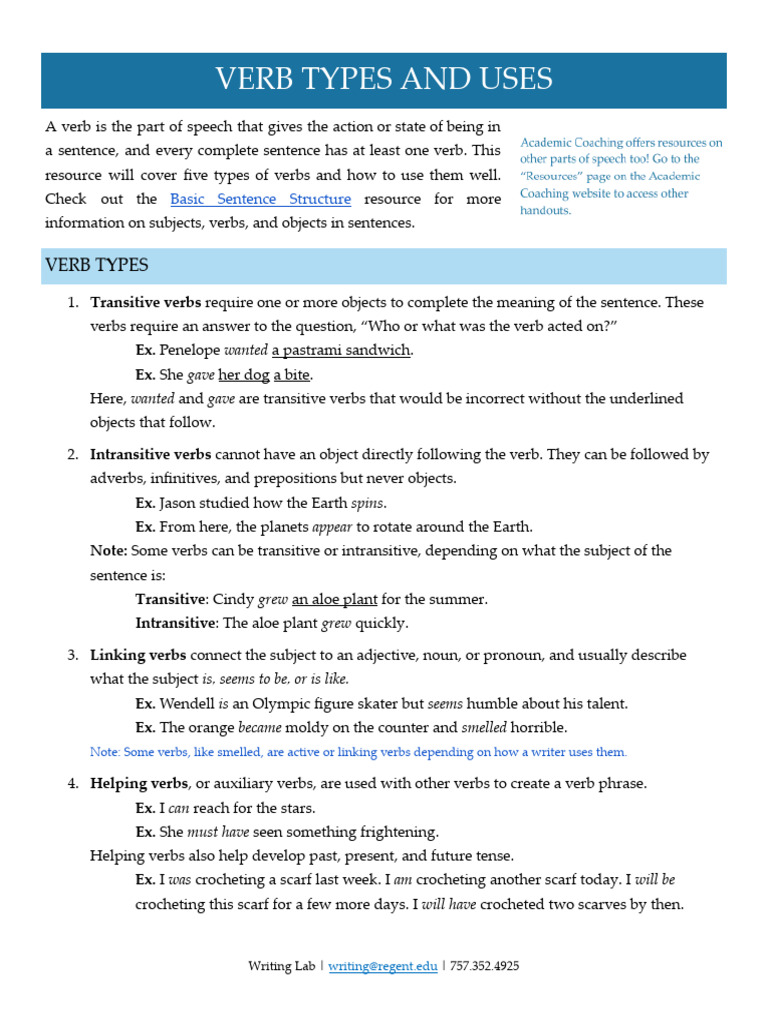 Understanding Verb Types And Uses Pdf Verb Subject Grammar
