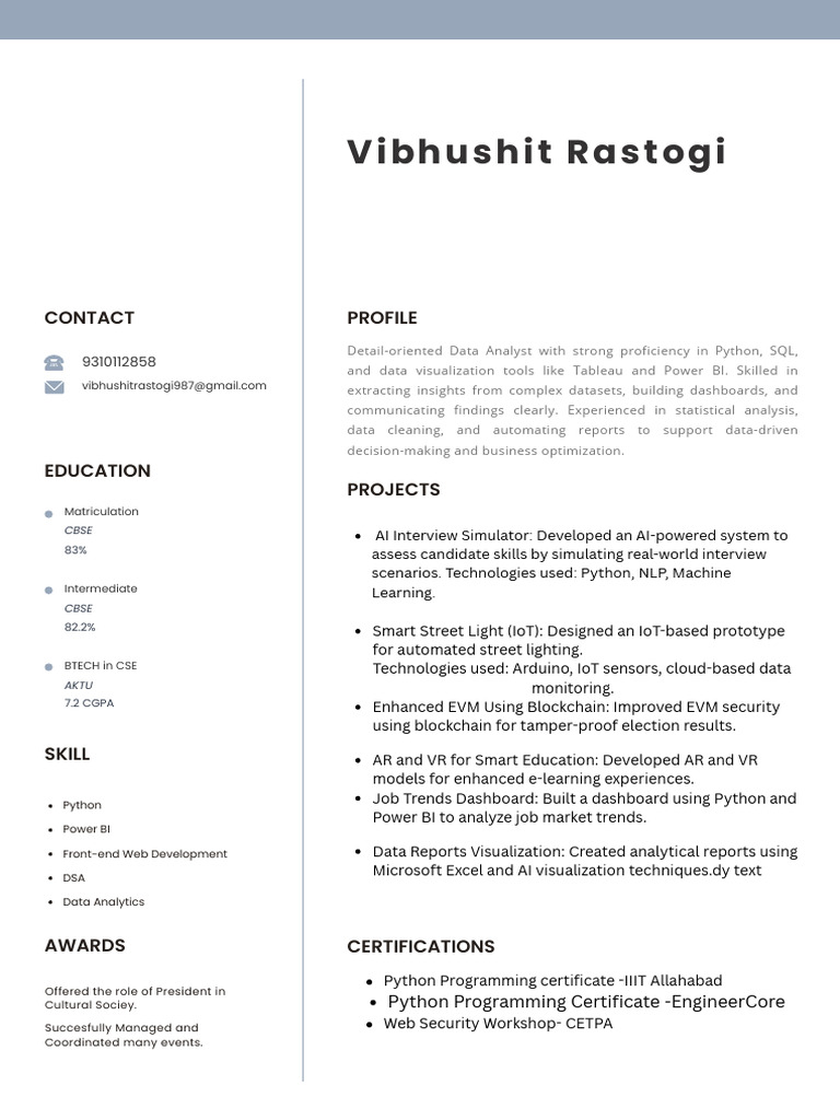 Vibhushit Rastogi Resume | PDF | Data Analysis | Data