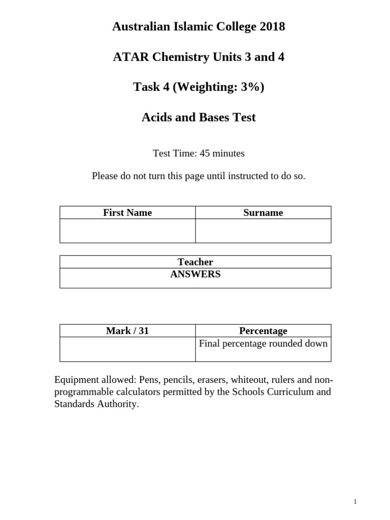 Acids and Bases Test - ATAR Chemistry | PDF | Acid | Chemical Substances