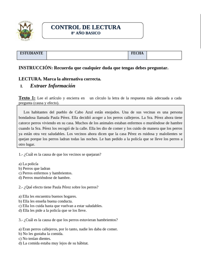 Control de Lectura para 8° Básico | PDF | Seda | Perros