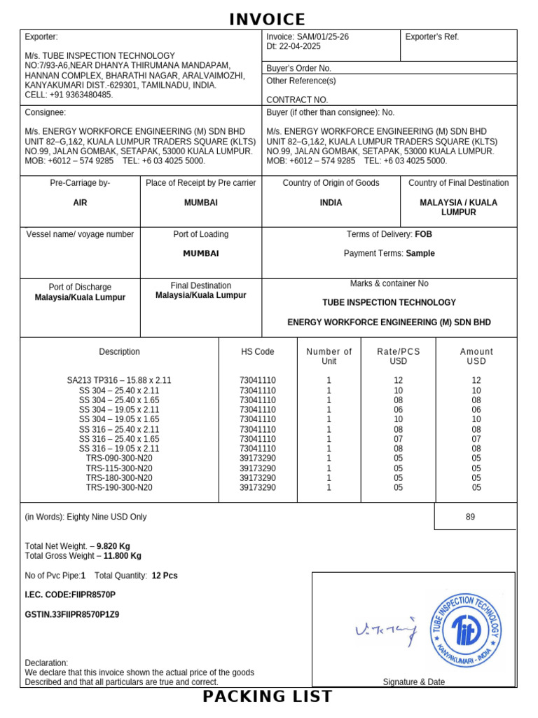 Invoice and Packing Tube Inspection Technology | PDF