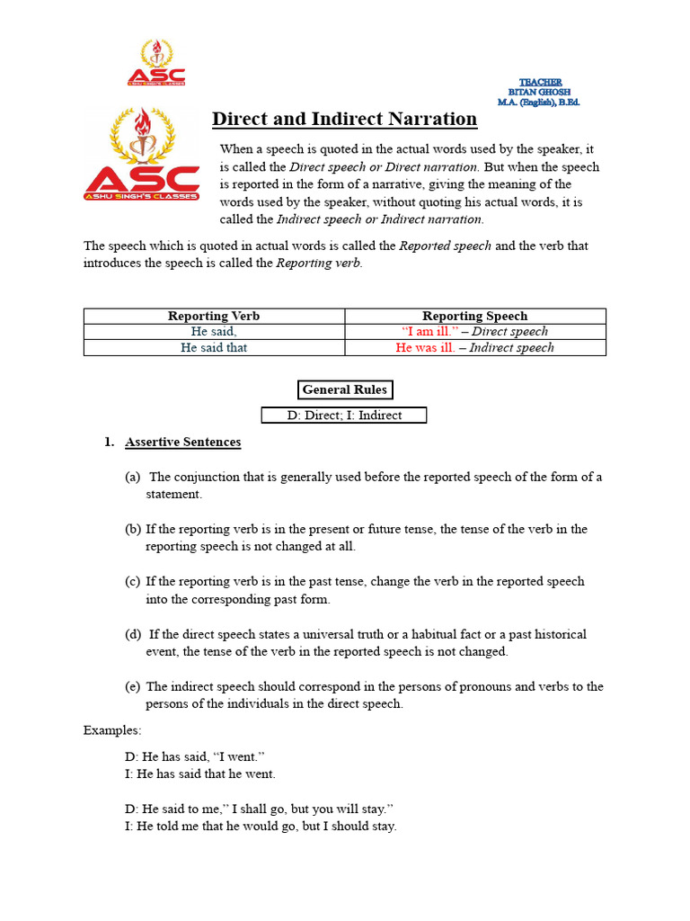 Direct & Indirect Narration | PDF | Linguistic Typology | Semantics