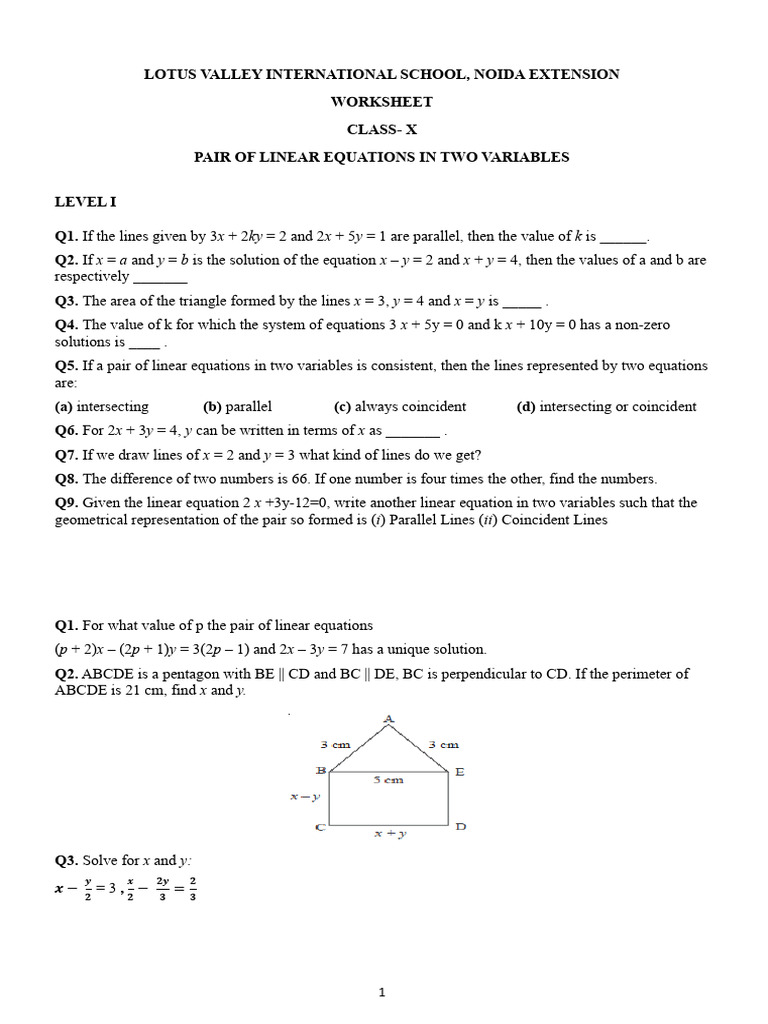 CH 3 - Math Worksheet - Class - X | PDF | Equations | Length