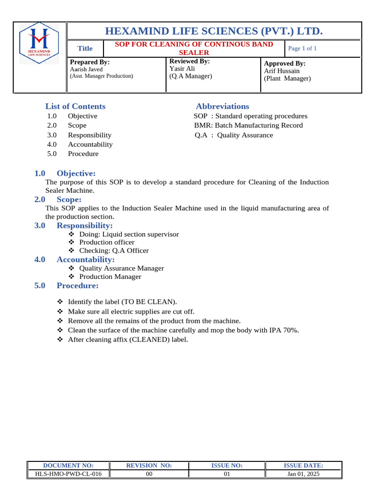 Sop Cleanng of Continous Band Sealer | PDF