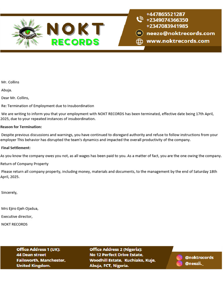 MR Collins Letter of Termination | PDF