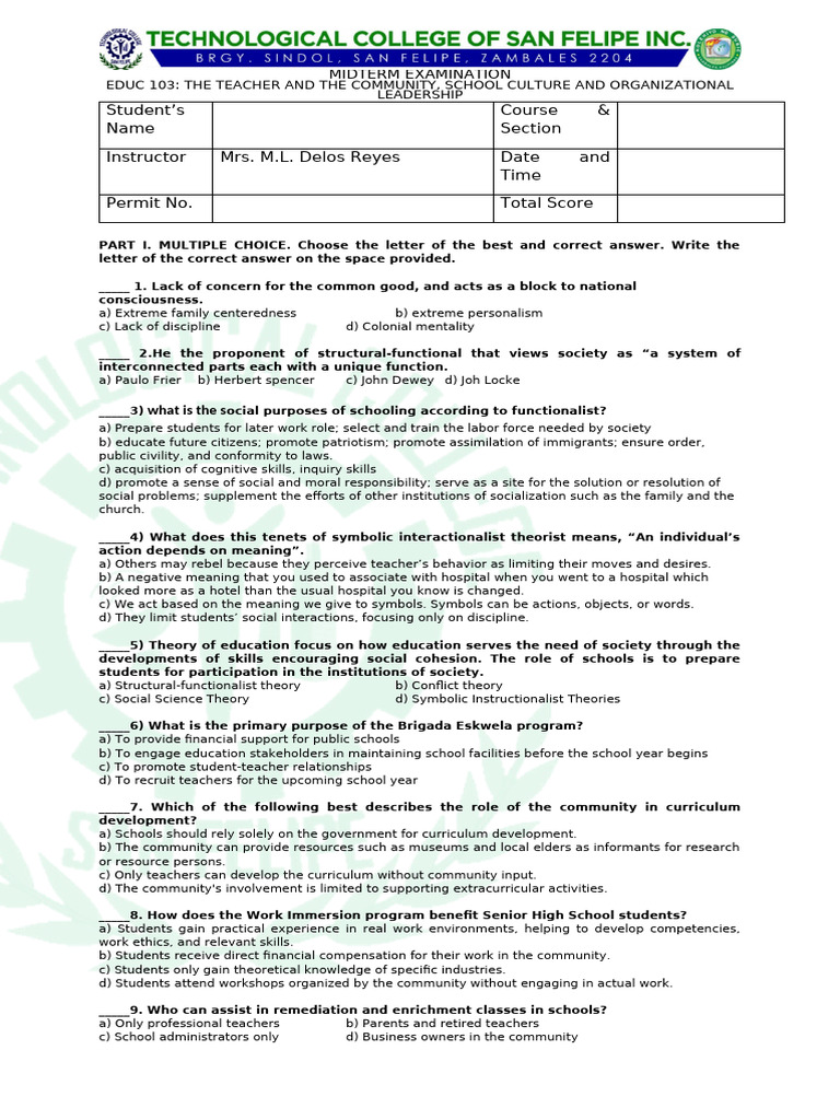 Checked - Educ 103-The Teacher and The Community, School Culture and Organizational Leadership ...