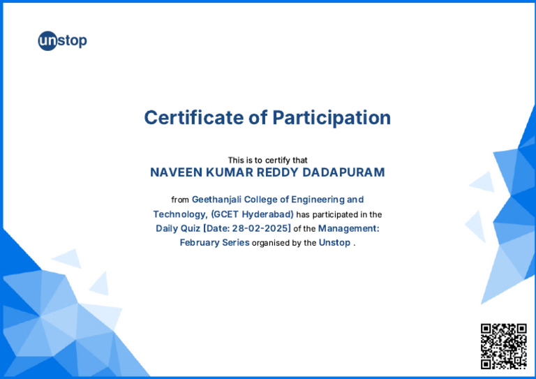 Certificate of Participation: Naveen Kumar Reddy Dadapuram | PDF