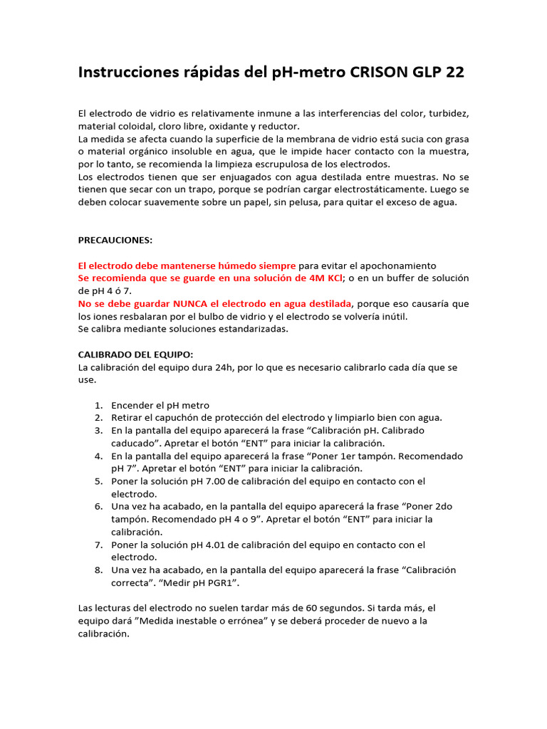 Instrucciones pH-metro CRISON GLP 22 | PDF | Química analítica ...