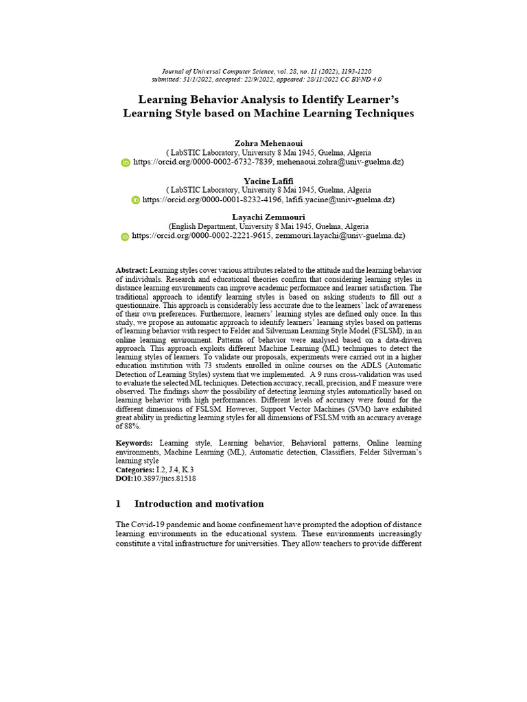 Learning Behavior Analysis To Identify Learners L | PDF | Learning Styles | Learning