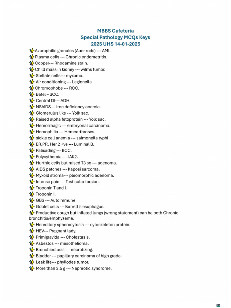 Special Pathology Mcqs Keys 2025 | PDF