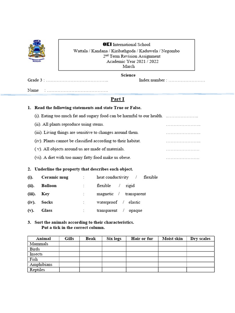 Grade 3 Science Revision Assignment | PDF | Foods | Zoology